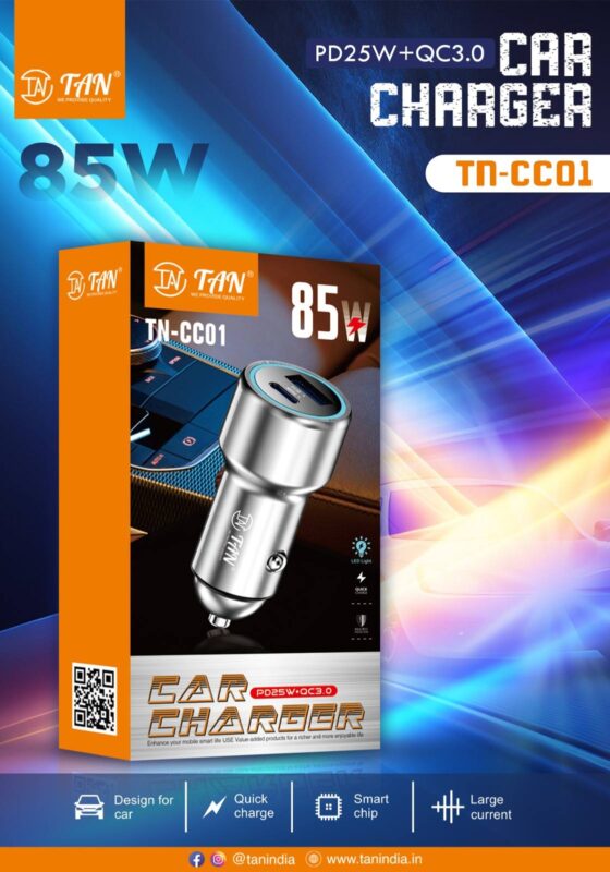 TAN 85w PD 2 Port CAR Charger with Type-C Cable - XcelMart
